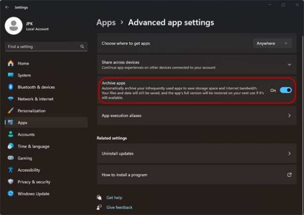 How to Enable Archive Apps Feature on Windows 11 to Save Storage Space ...